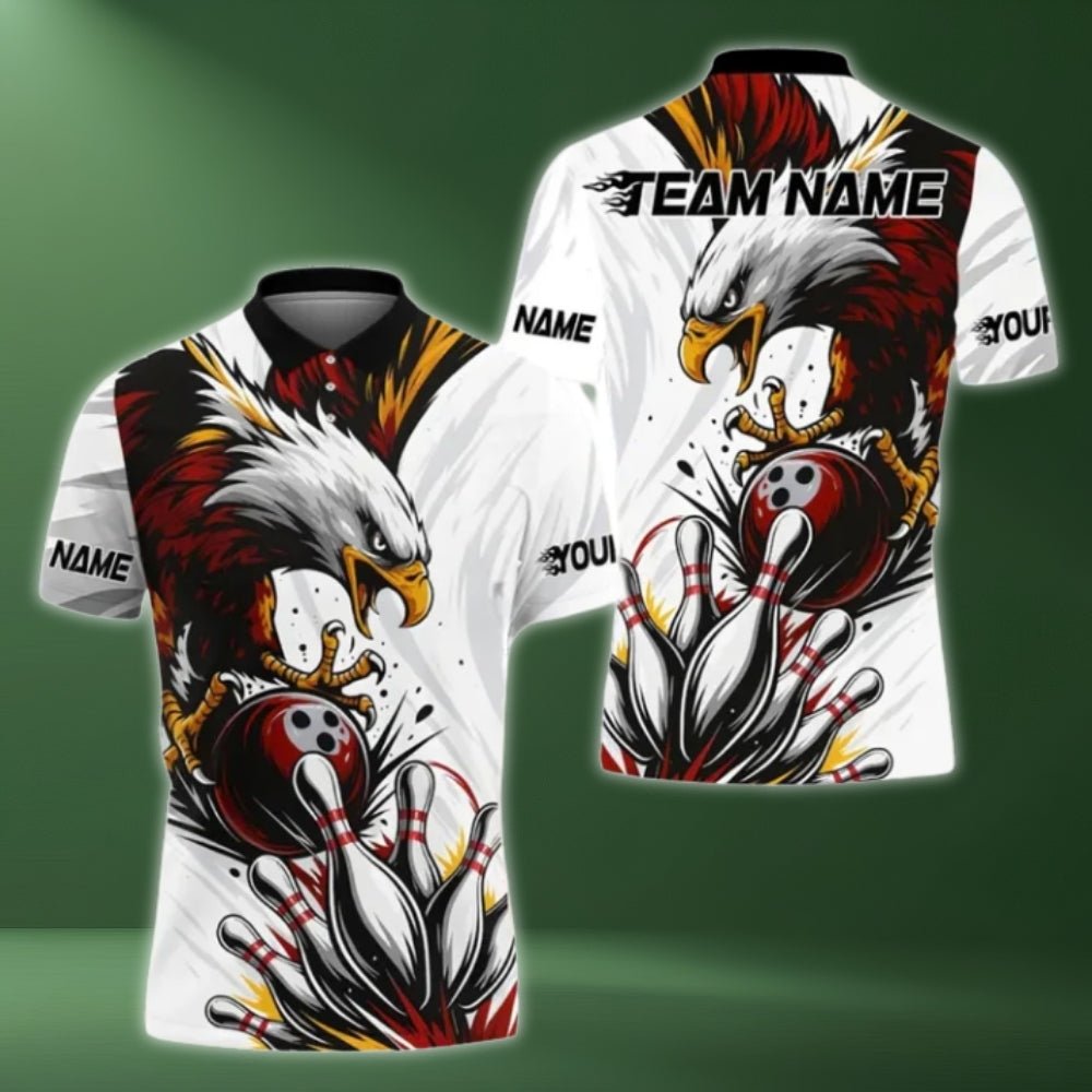Custom Eagle Pin Ball Mens Polo Bowling Shirts For Men, Custom Red Whi ...